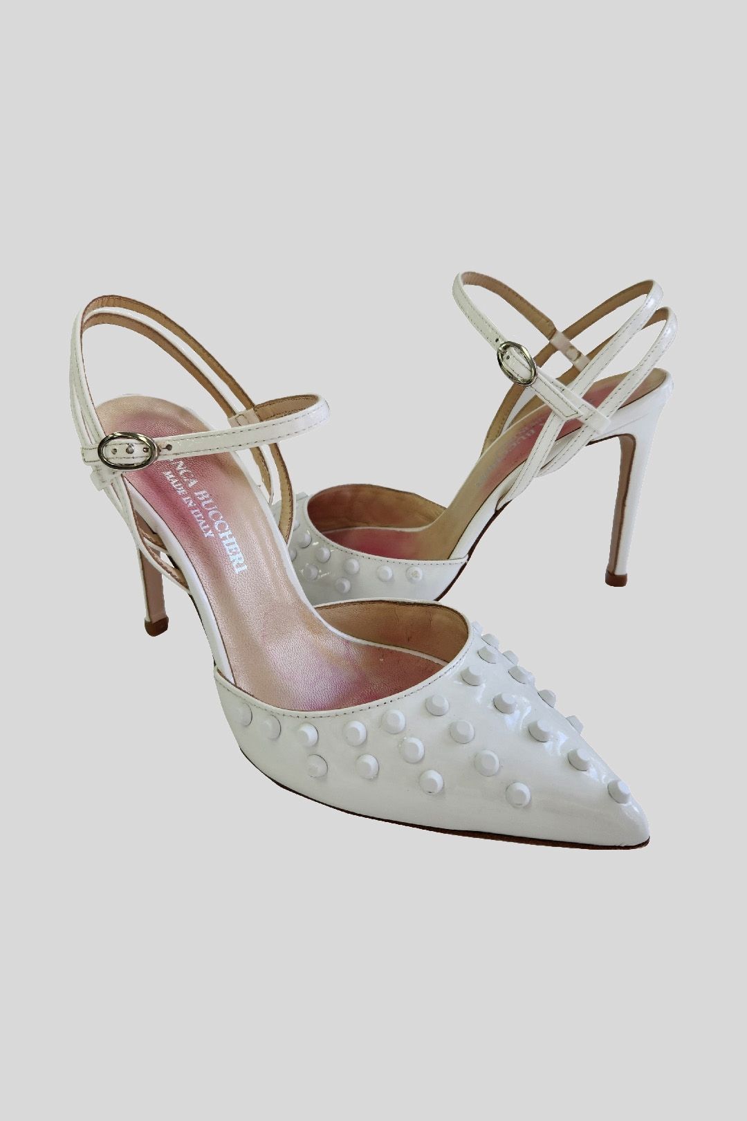 Buy Vernice Bianca Patent White Studded Heels | Bianca Buccheri ...