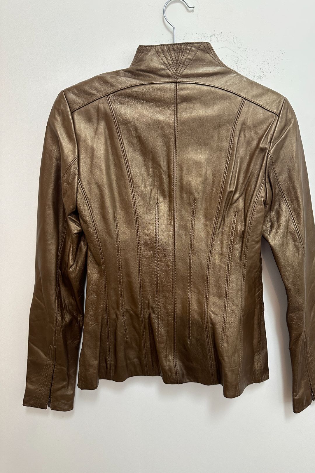 Buy Bronze High Collar Leather Jacket | Elie Tahari | GlamCorner