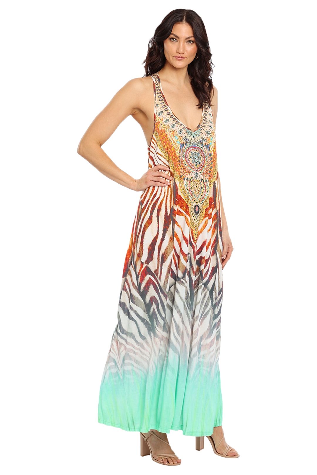 Hire V Neck Racerback Dress in Savanna | Camilla | GlamCorner