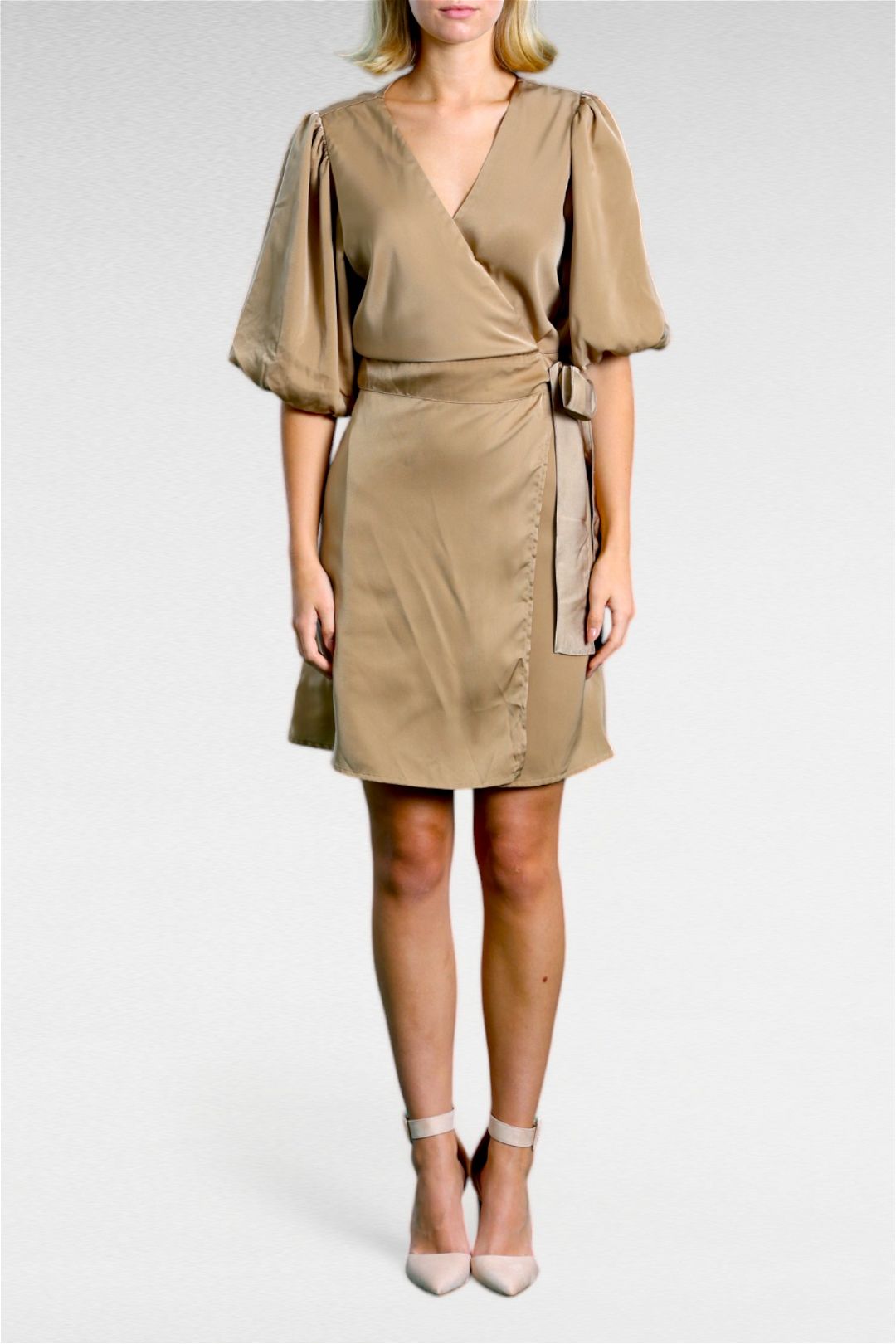 Hire Serena Wrap Dress in Mushroom | Daisy Says | GlamCorner