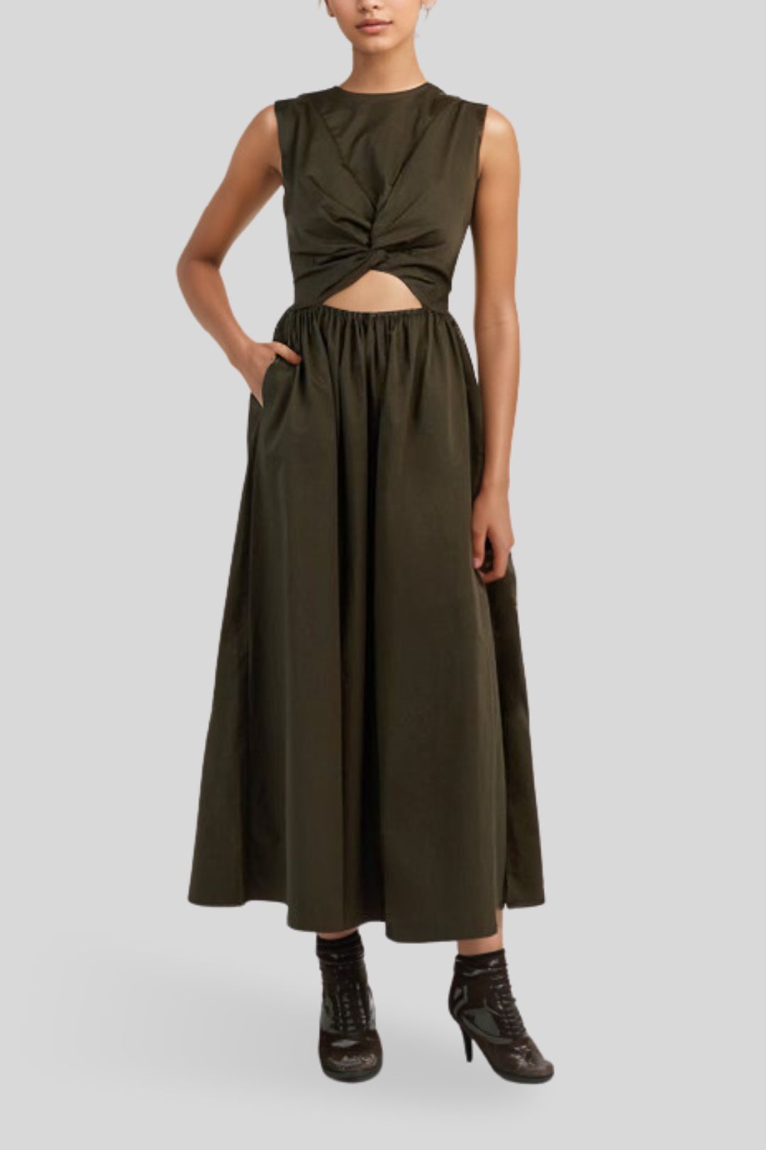 Hire Ramsey Dark Olive Cotton Midi Dress | Dissh | GlamCorner