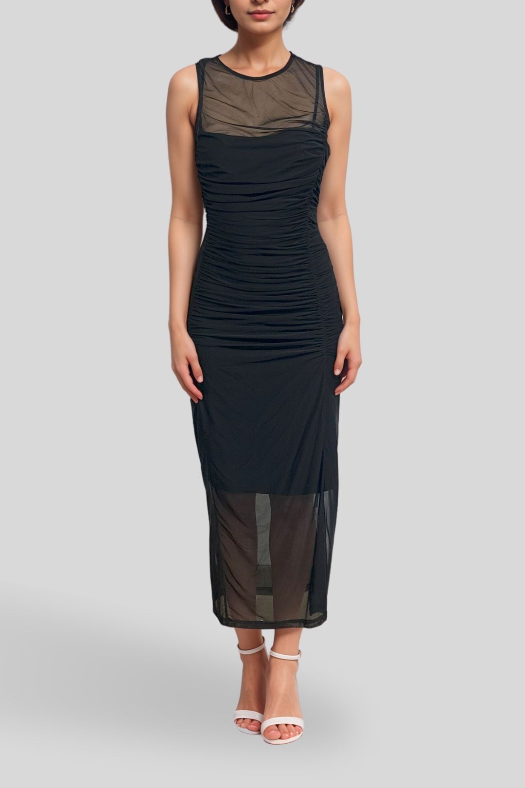 Hire Ruched Black Sheer Panel Dress | Cue | GlamCorner