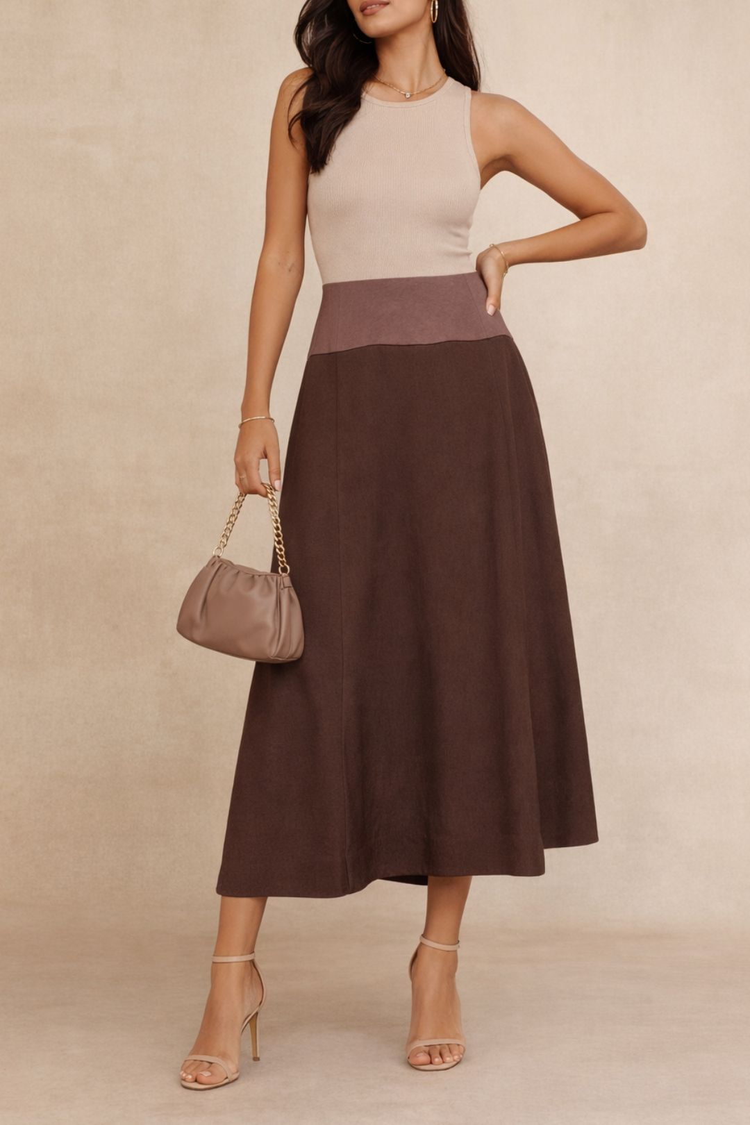 Hire Two-Tone Brown A-Line Midi Skirt | Veronika Maine | GlamCorner