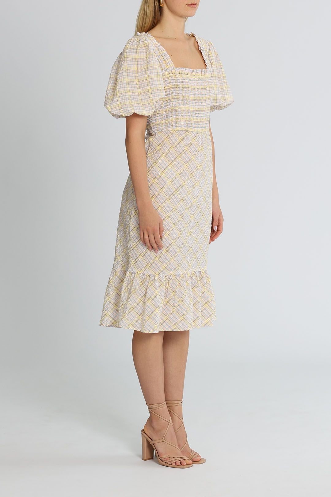 Hire Check Shirred Midi Dress | Ganni | GlamCorner