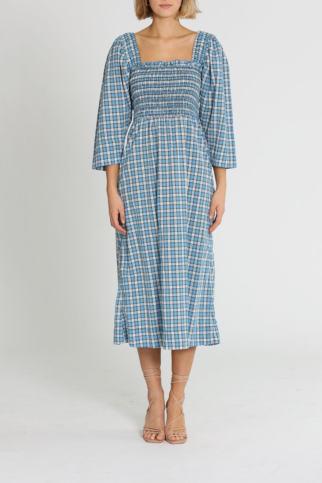 Hire Seersucker Midi Dress With Ruching in Check Azure Blue | Ganni ...