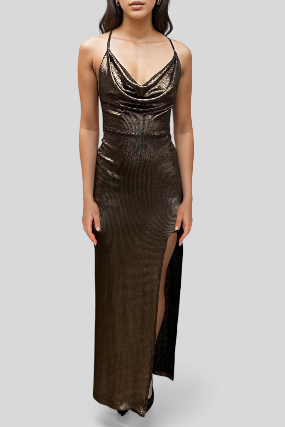 Hire Metallic Cowl Neck Gown | Nookie | GlamCorner