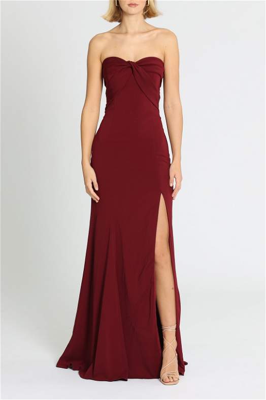 Strapless Split Evening Dress In Red By Skiva For Rent