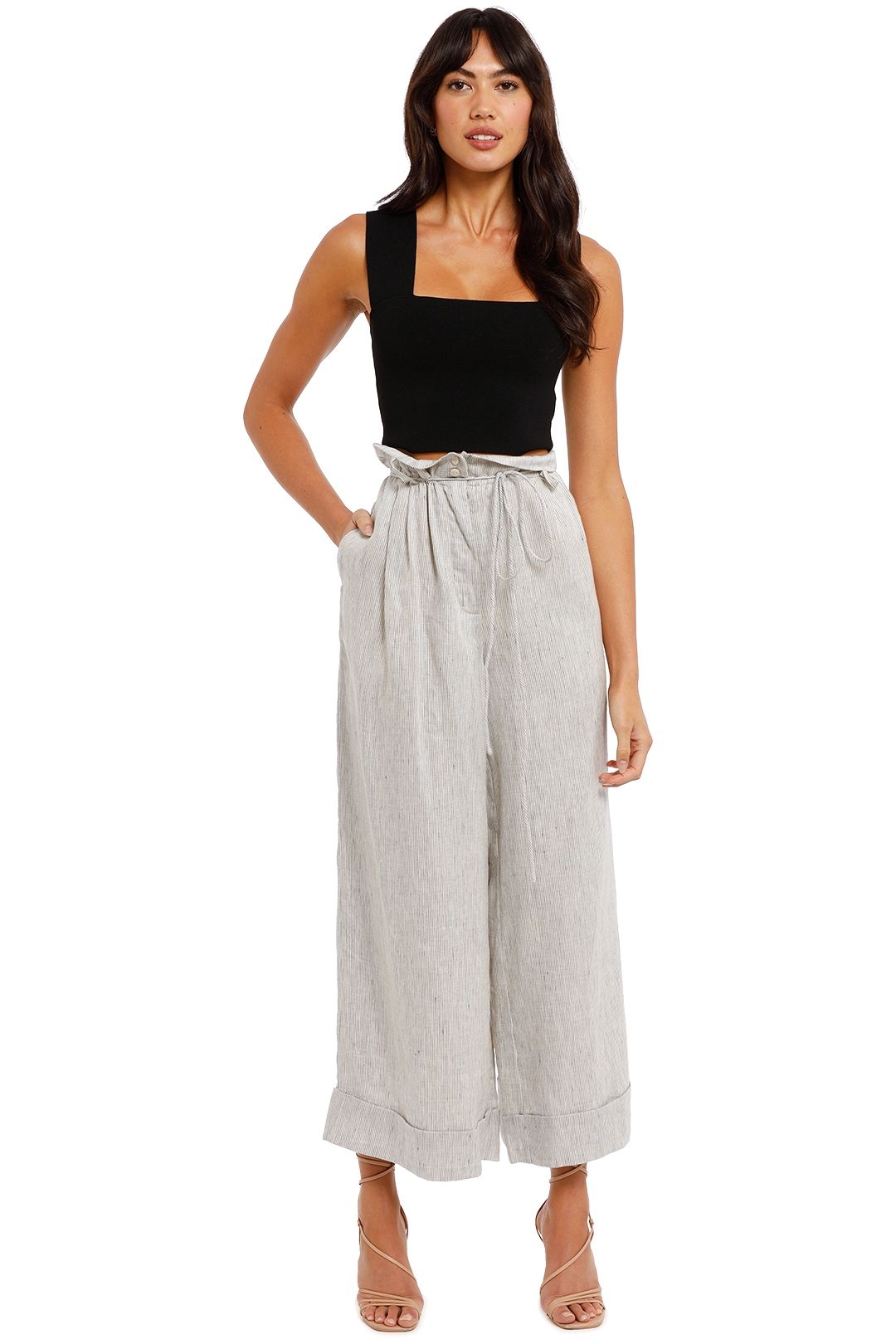 Hire Asha Linen Pant in Black Flax Pin Stripes | Joslin | GlamCorner