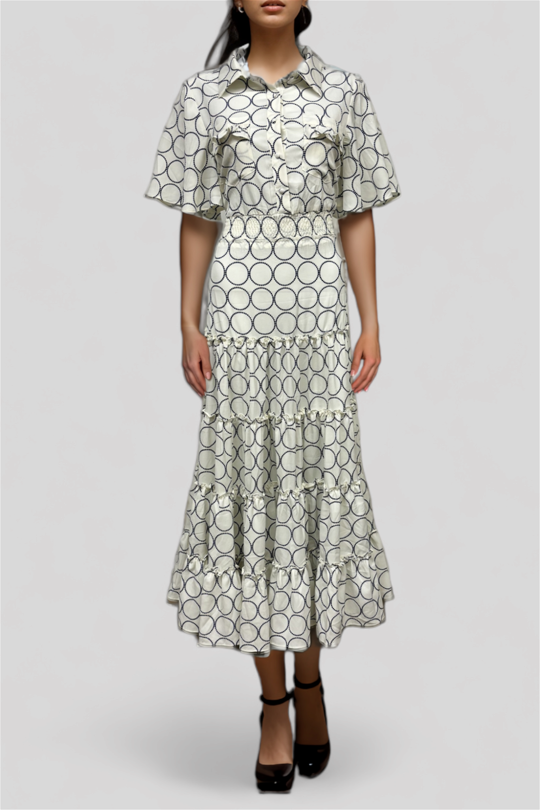 Hire Lido Short Sleeve Dress in Ivory Circles | Brave and True| GlamCorner