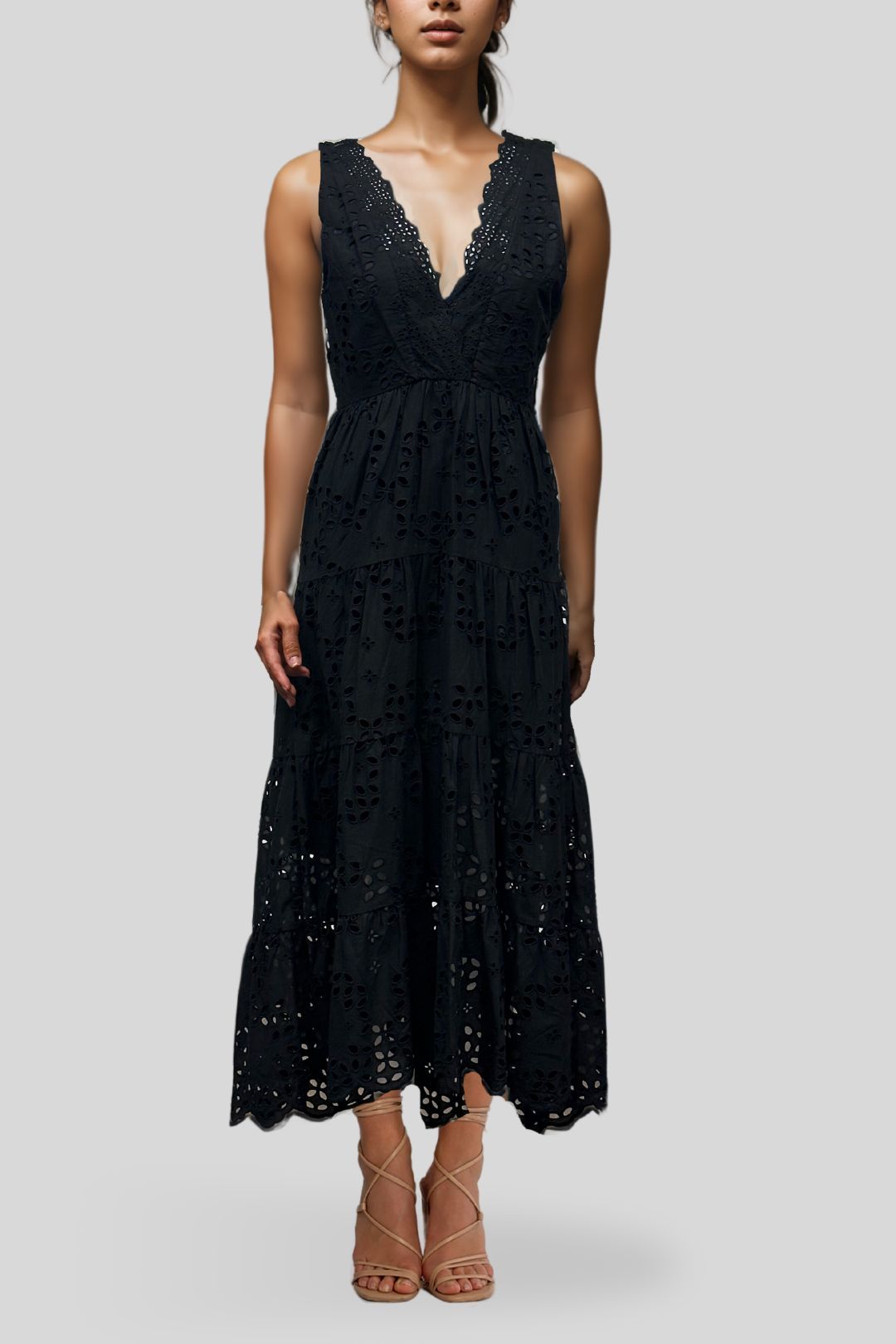 Hire Black Eyelet Hi Lo Midi Dress | Luxe Deluxe | GlamCorner