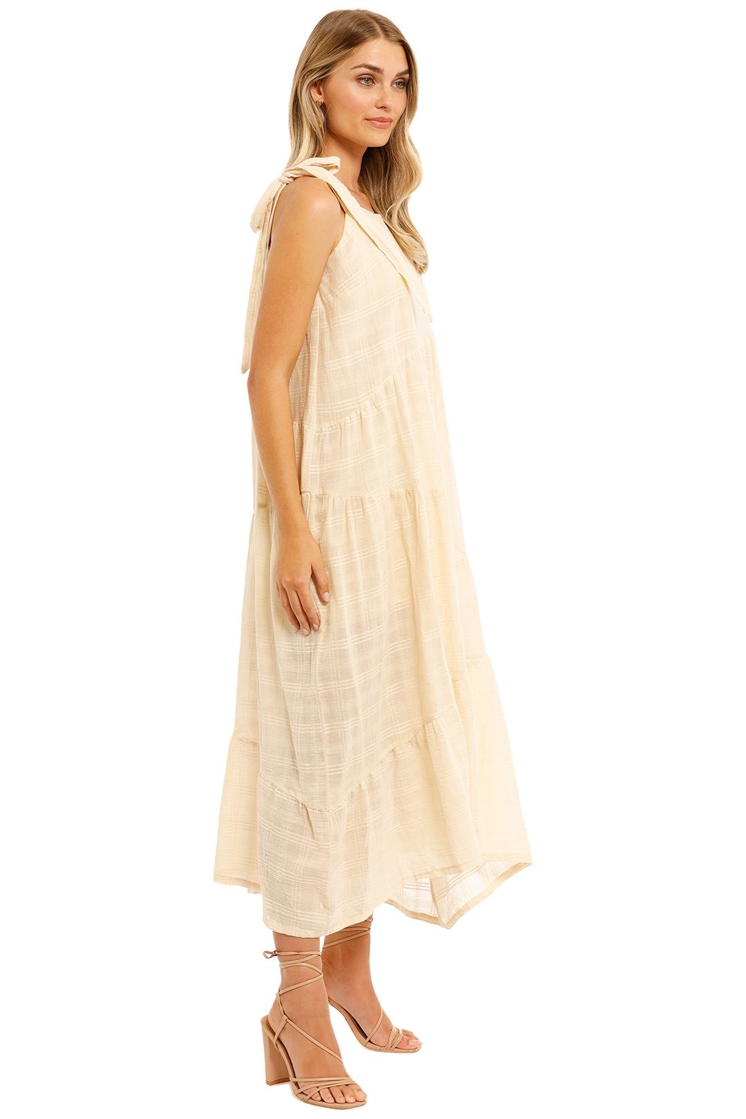 Hire Liberation Tiered Midi Dress in Bone | Mink Pink | GlamCorner