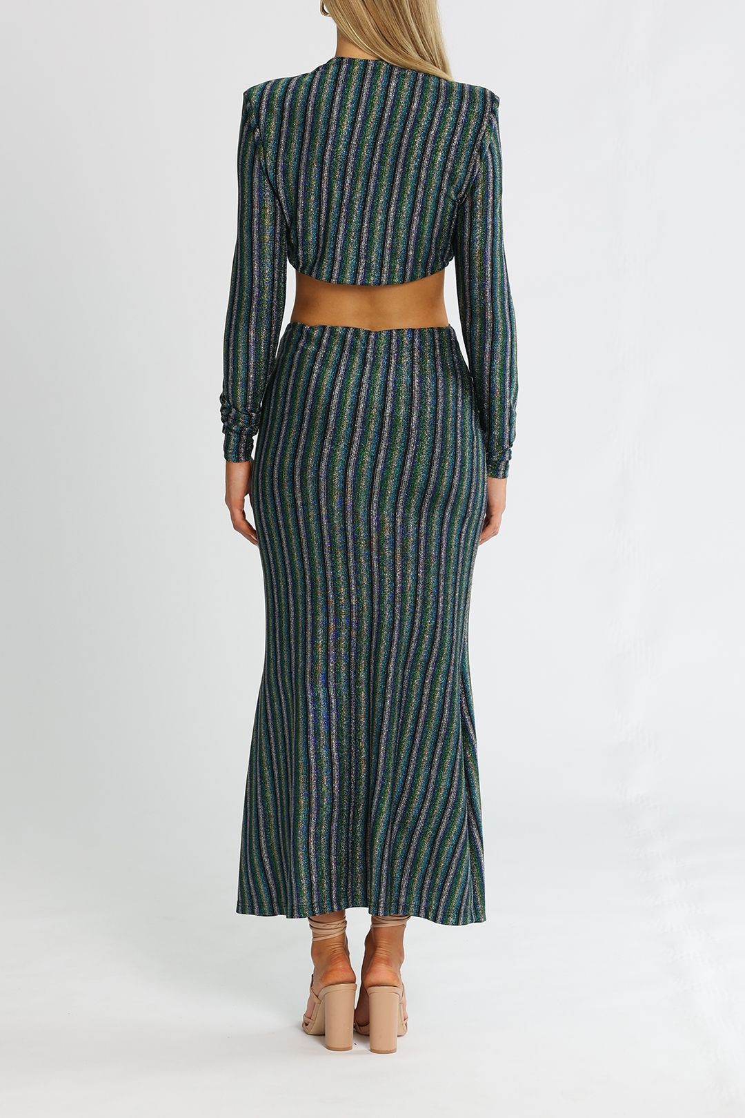 Hire Despina Dress in Blue Disco Stripe | Misha | GlamCorner