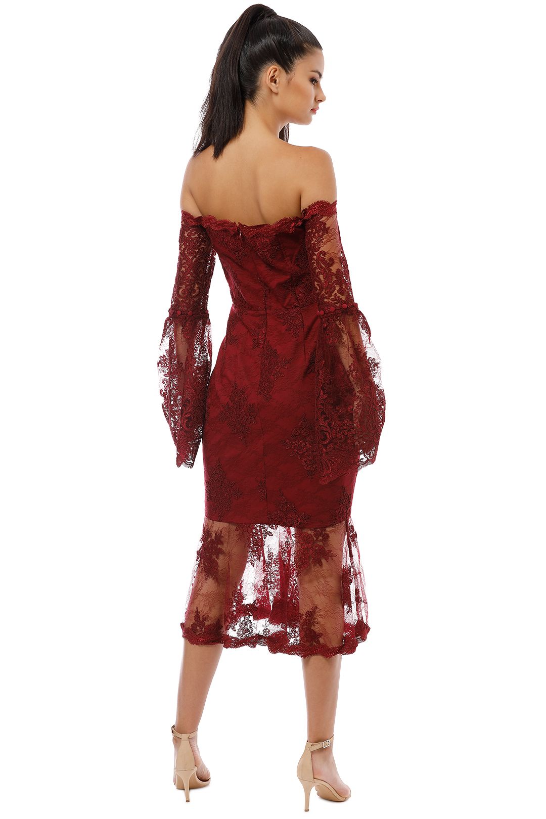 Octavia Lace Corset Midi Dress in Bordeaux by Nicholas for Rent