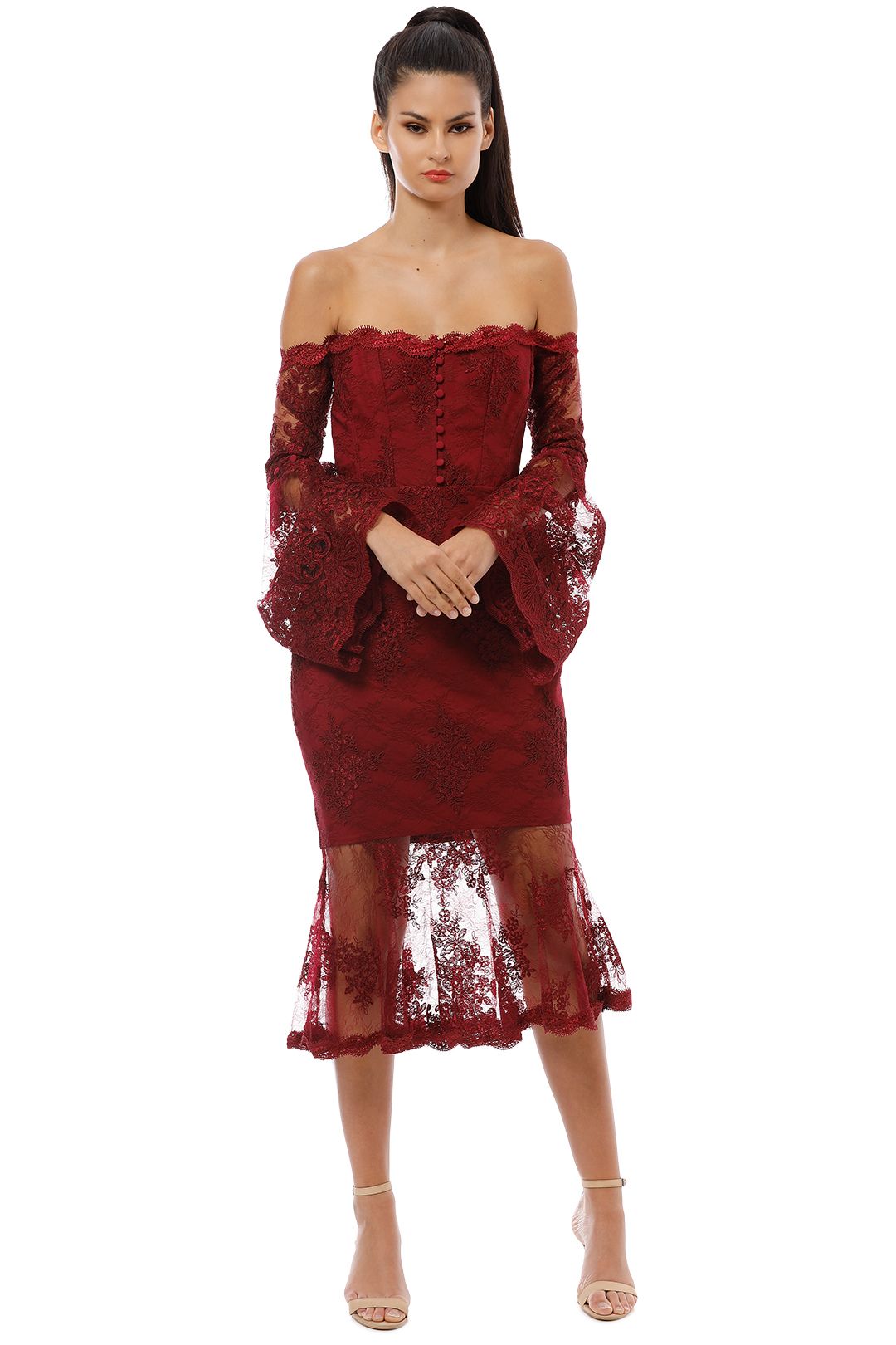 Octavia Lace Corset Midi Dress in Bordeaux by Nicholas for Rent