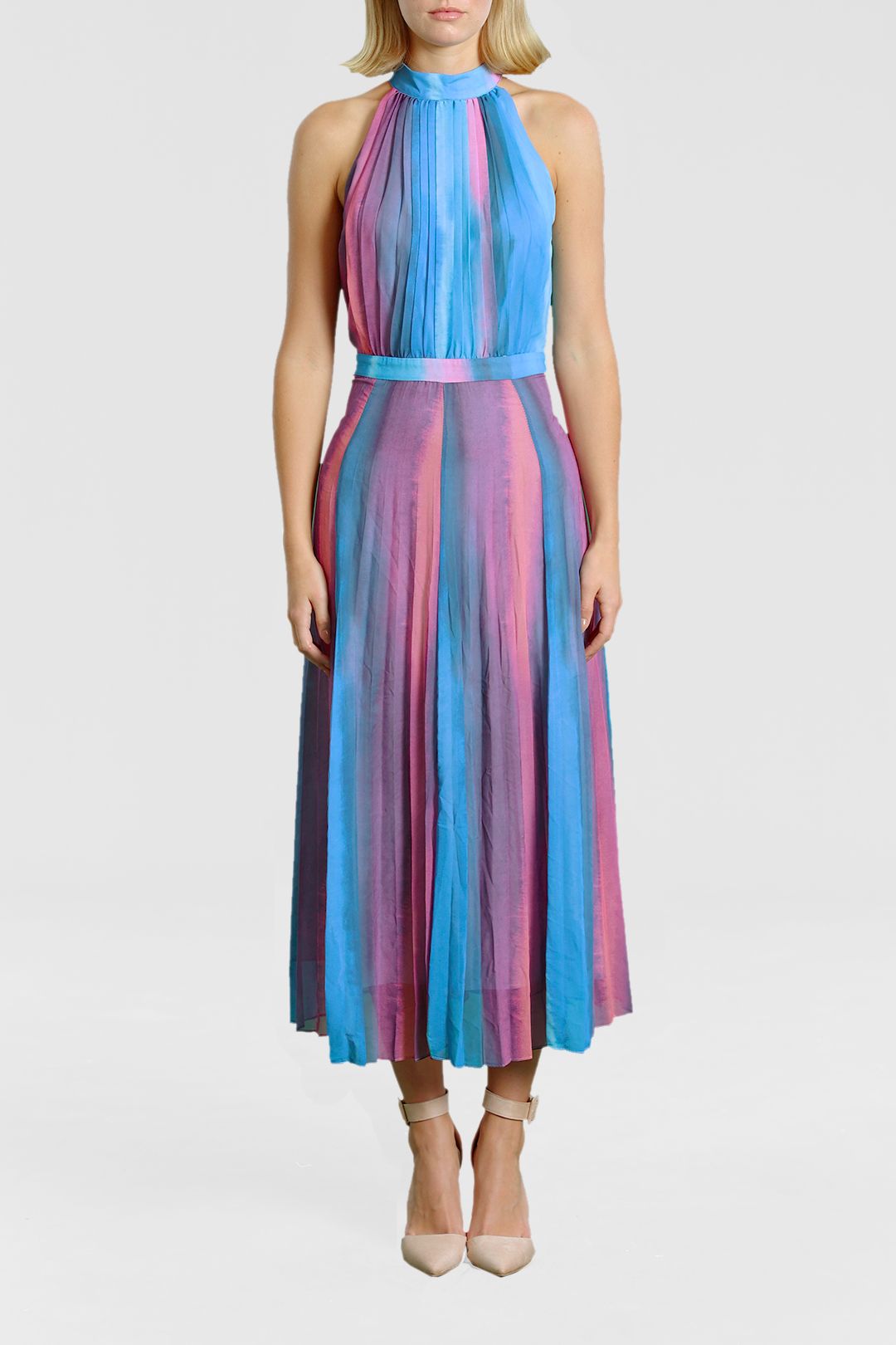 Hire Halter Stripe Pink Blue Dress | Portmans | GlamCorner