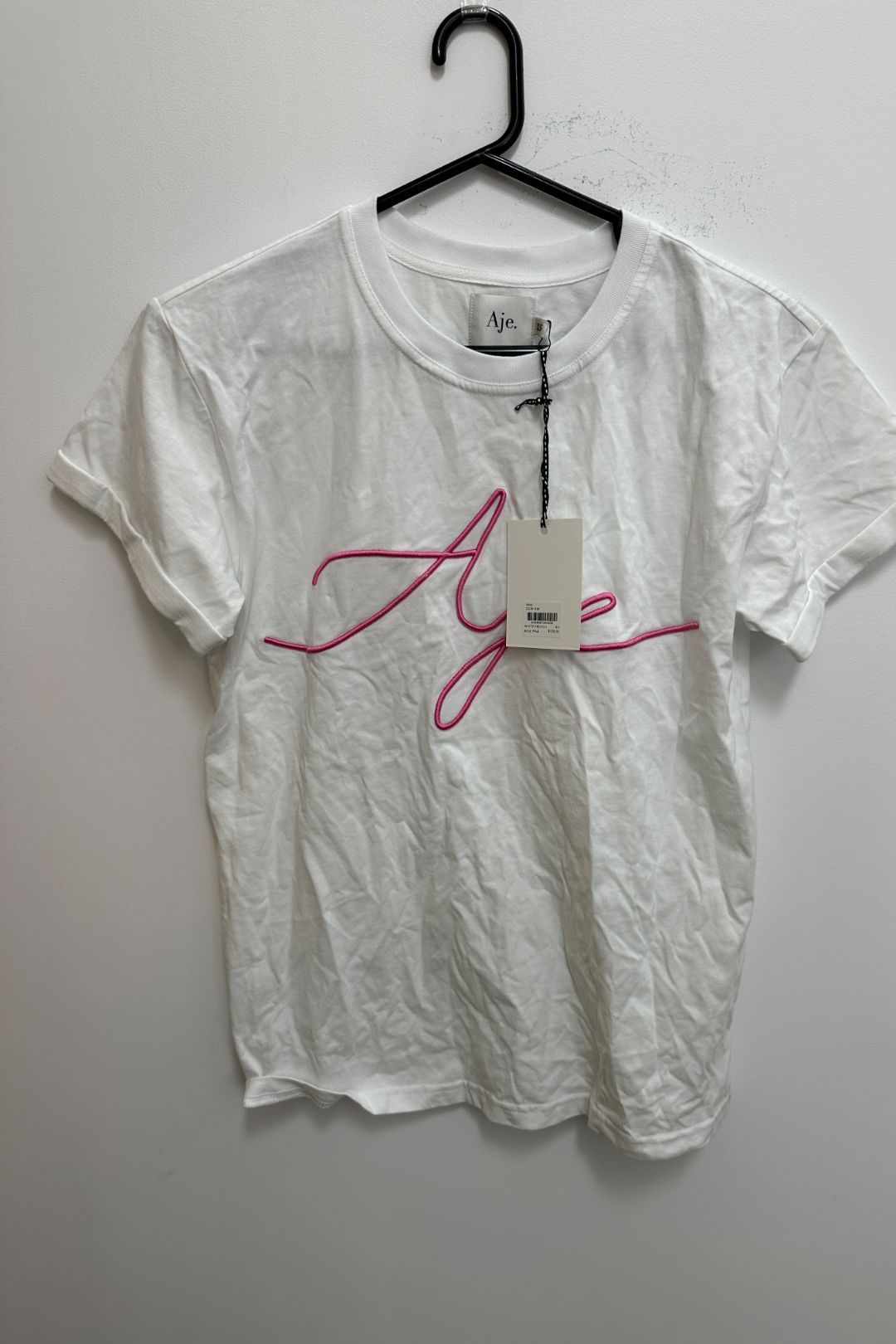 Buy Questa Ribbon French Rose Pink Logo White Tee | AJE | GlamCorner