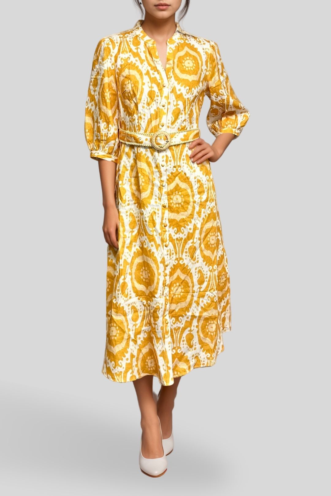 Hire Ada Midi Linen Dress in Mustard | G.D.S. by Helena M | GlamCorner