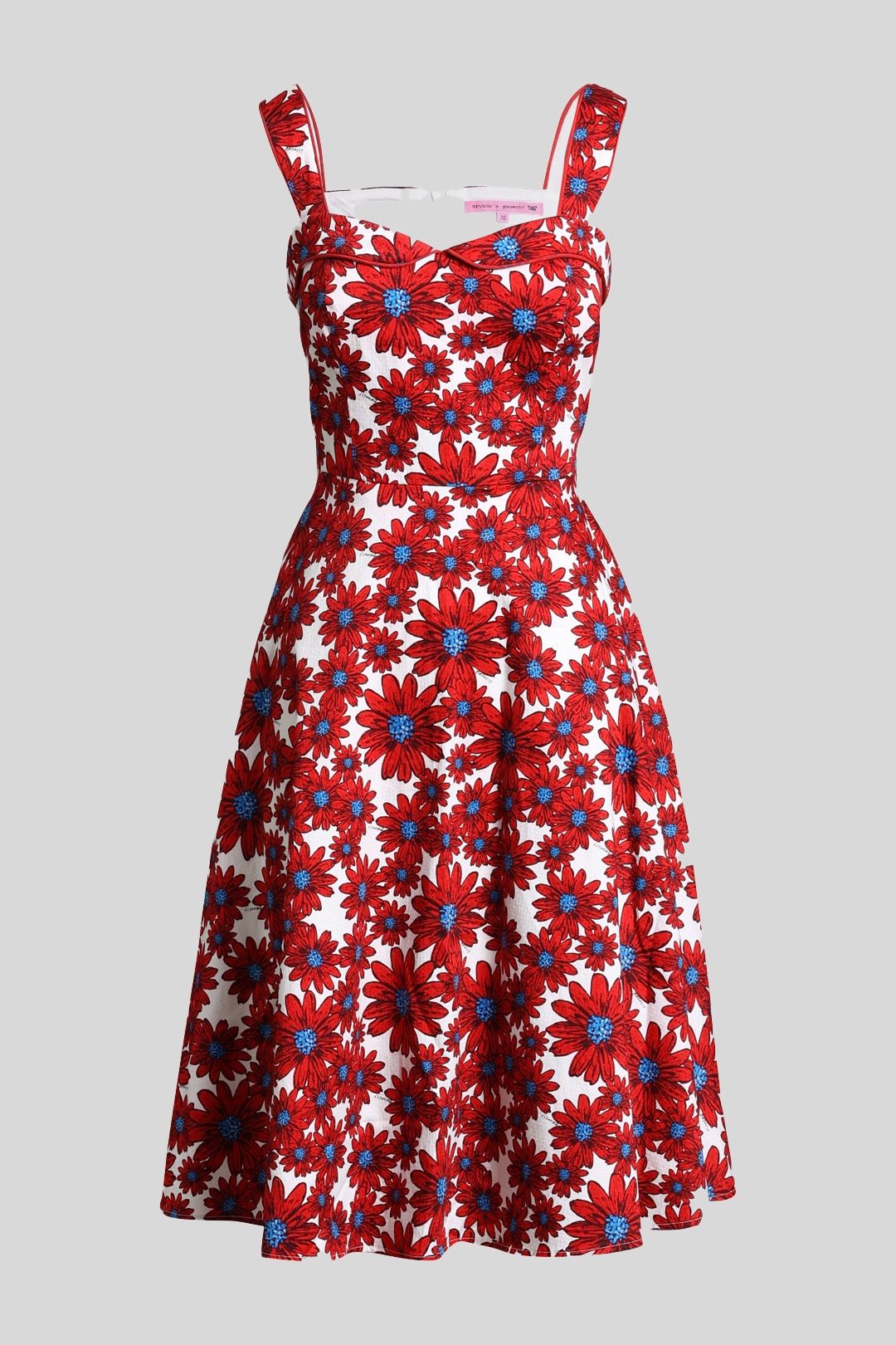Buy Red Daisy Print Knee Length Sundress | Review X Bromley | GlamCorner