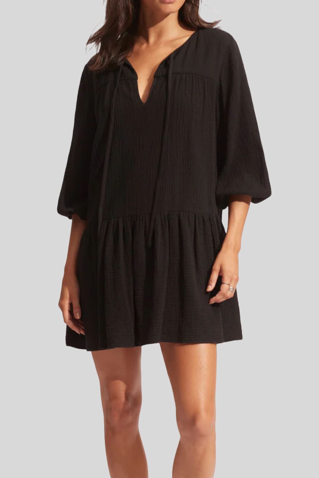 Buy Fallow Textured Cotton Cover Up in Black | Seafolly | GlamCorner