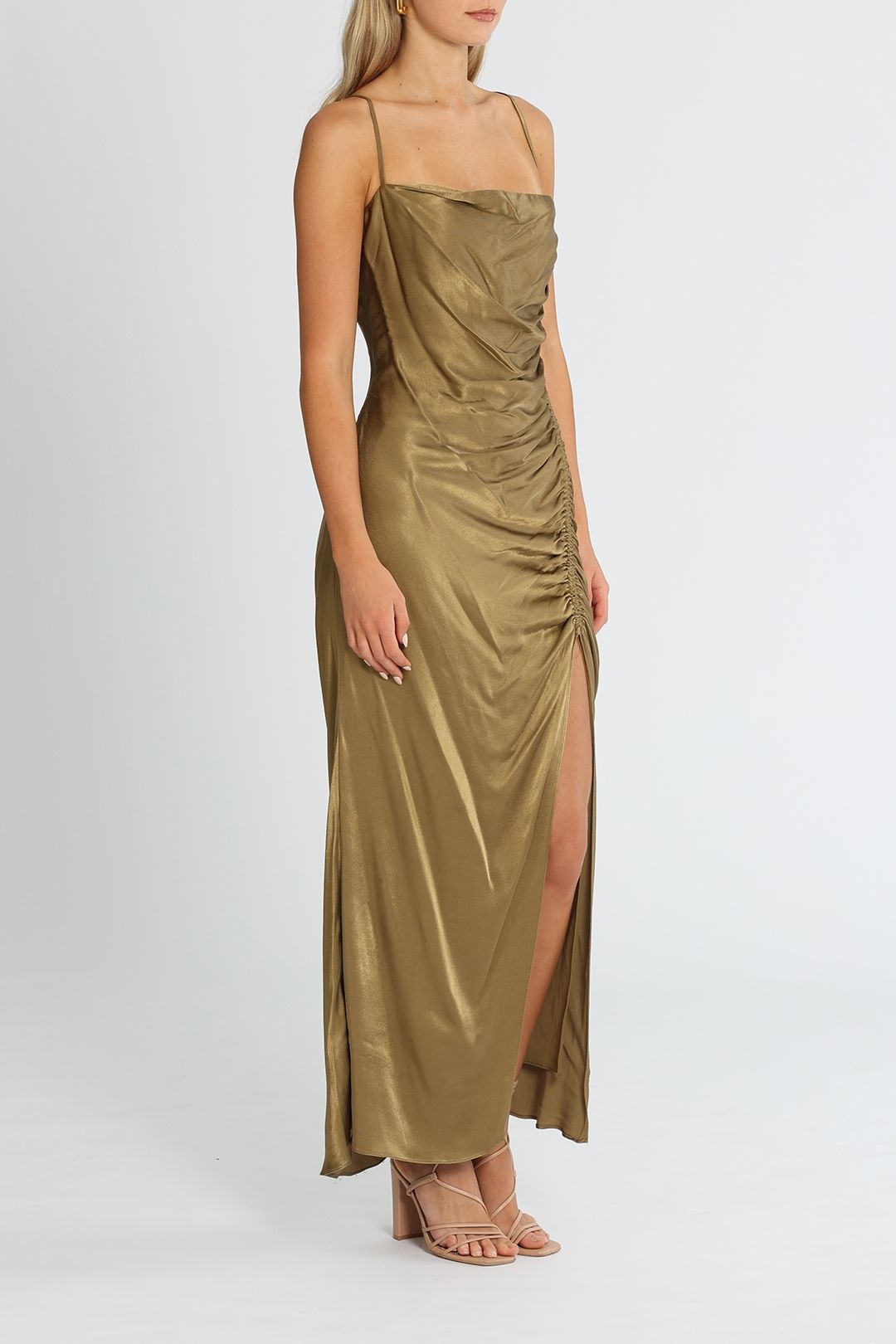 Hire Thalia Bias Ruched Midi Dress in Cumin | Shona Joy | GlamCorner