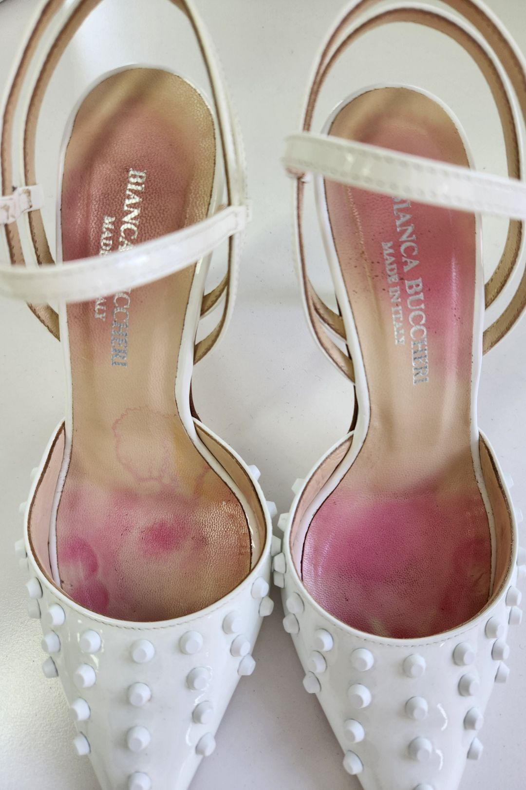 Buy Vernice Bianca Patent White Studded Heels | Bianca Buccheri ...