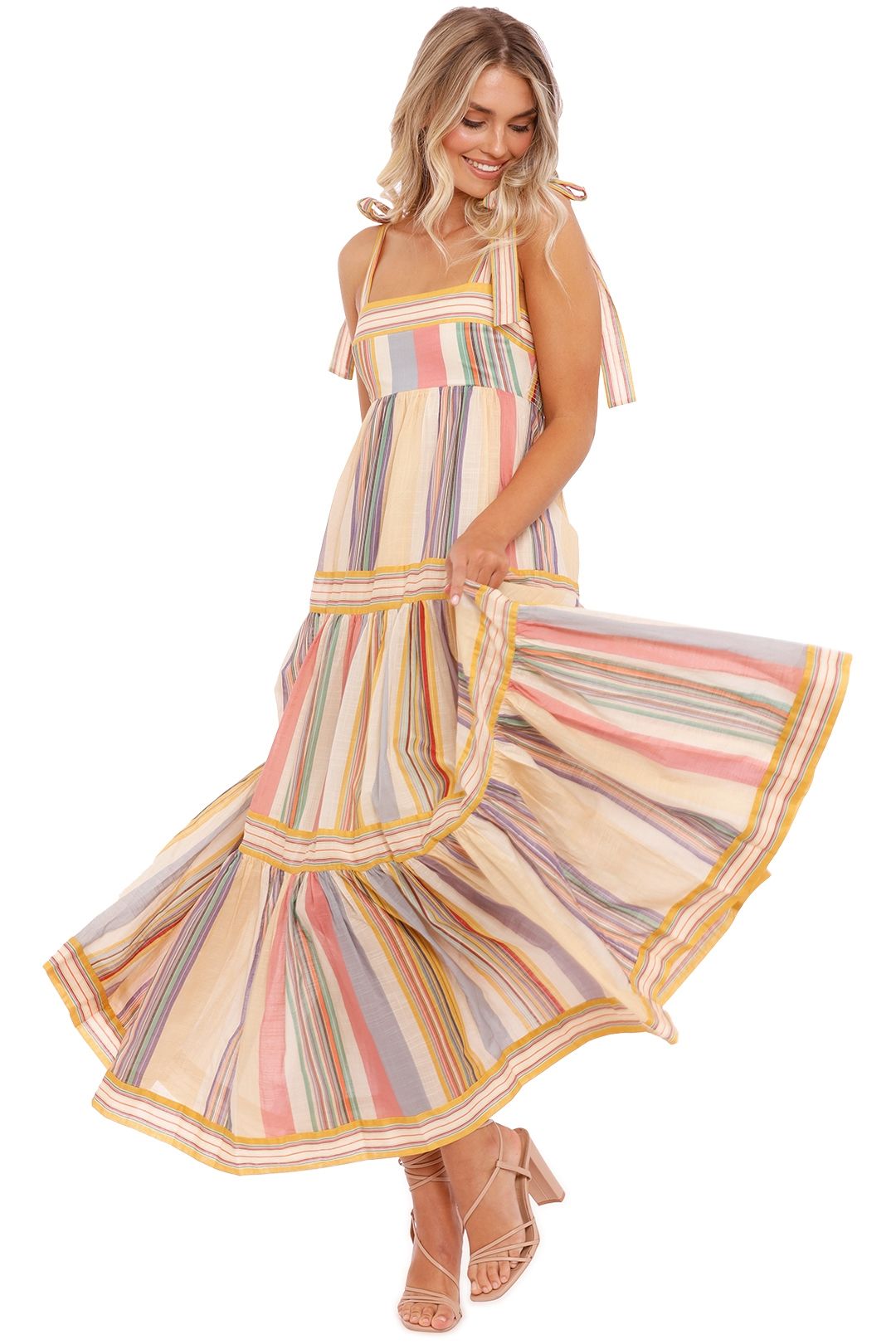 Hire Mae Tie Shoulder Dress in Multi Stripe | Zimmermann | GlamCorner